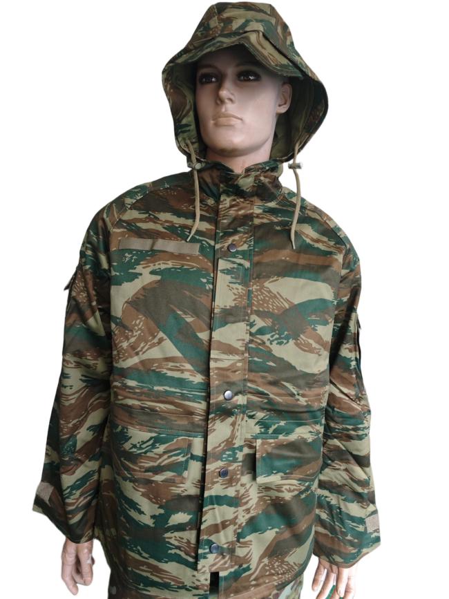 Camouflage training top front view showing pockets and zipper closure