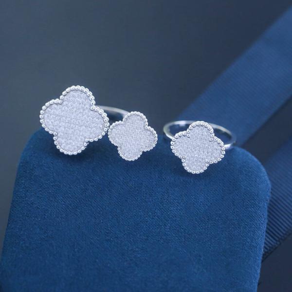 Quality Wholesale 925 Sterling Silver Fine Jewelry Trendy Custom Adjustable Ring Four Leafs Clover Zircon Rings For Girls for sale