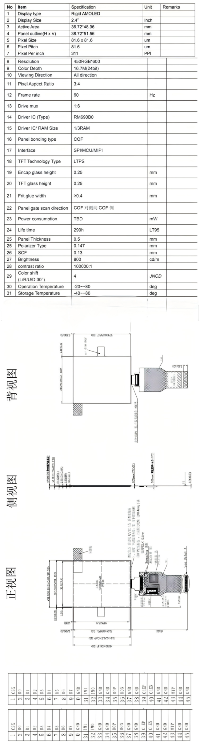 2.4 inch AMOLED display module pin definition diagram