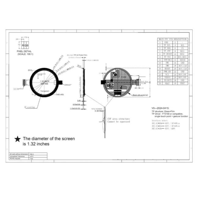 1.32 inch AMOLED OLED display module pin definition diagram