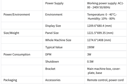 Technical parameter diagram 2 for 55-inch OLED transparent display