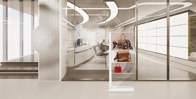 Demonstration of the screen's transparency in an exhibition setting