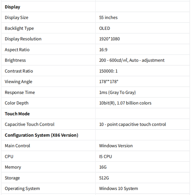 Detailed technical specifications of the 55-inch OLED transparent screen