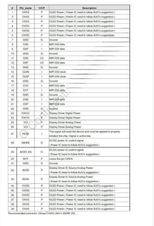 3.81 inch AMOLED display pin definition