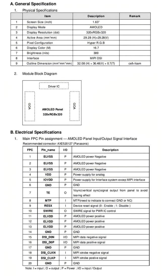 Pin definition diagram for HX163LX010R AMOLED display