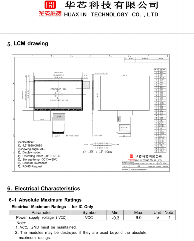 TFT display pin definition diagram