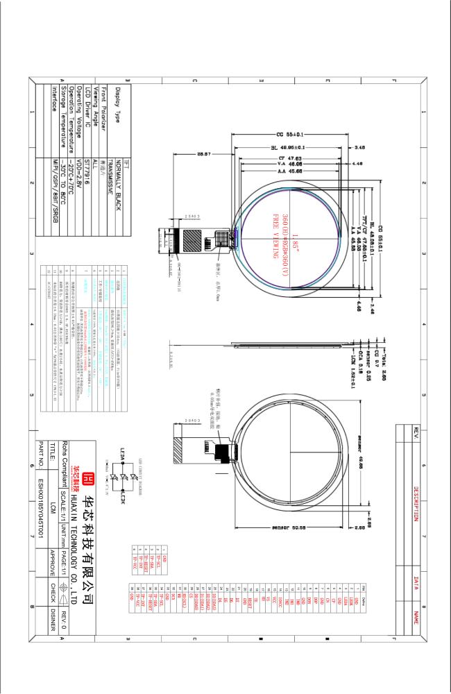 Technical drawing and pin definition for 1.85 inch TFT display