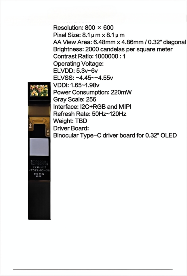 Micro OLED display specifications