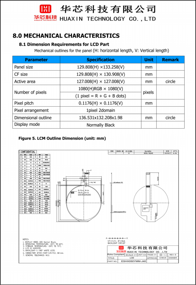 Pin definition diagram for 5 inch round TFT display