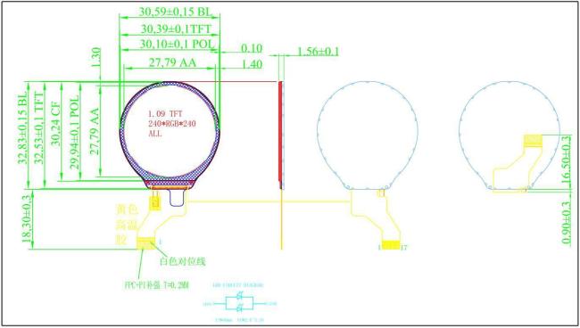1.09 inch round TFT display technical drawing