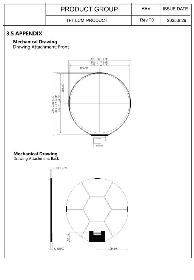 Technical drawing of 8.2 inch round TFT display