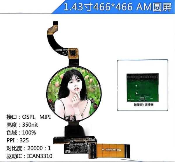 Quality 1.43 Inch Round Oled Screen 466x466 Resolution 24 Pin QSPI Interface 400 Cd/M2 for sale