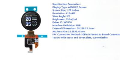 China 1.28 Inch Circular Oled Display Arduino 416*416 Dots 350cd/M2 MIPI Interface Driving IC WT030 for sale