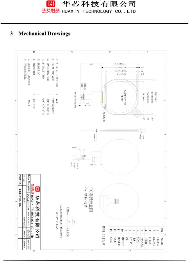 Pin definition diagram for 1.08 inch round TFT display