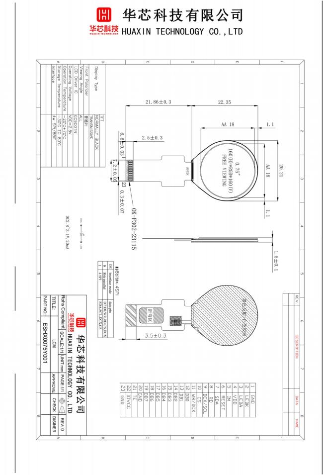 Pin definition diagram for 0.75 inch round TFT display