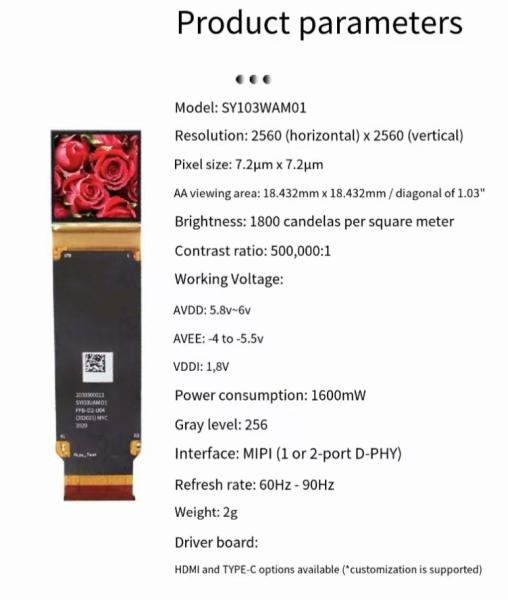 Quality 1.03 Inch Micro OLED Display 2560*2560 4K Level Resolution 1800cd/M² High for sale