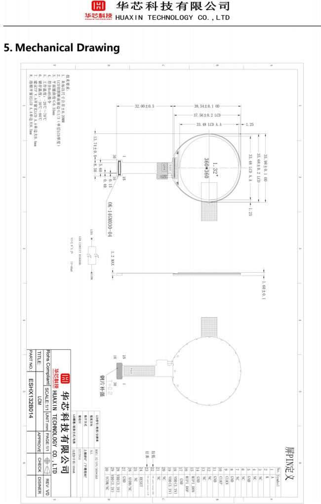 Pin definition diagram for 1.32 inch round TFT display
