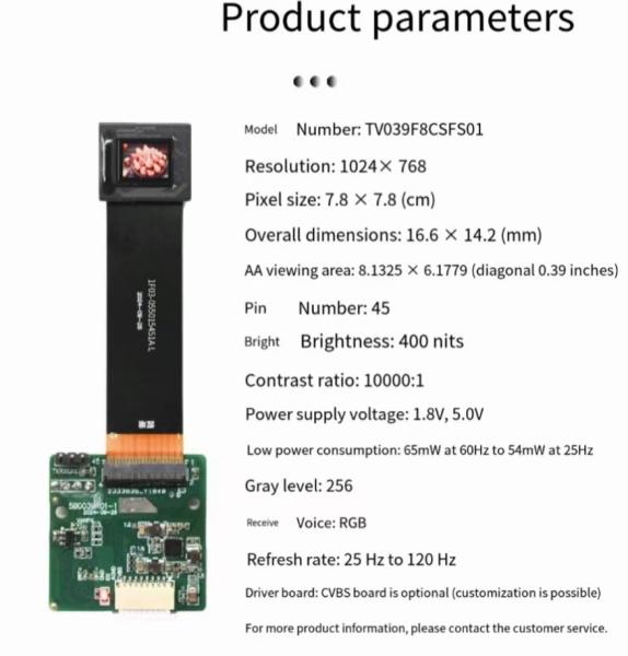 Quality 0.39 Inch Monochrome Micro OLED Display CVBS Interface 1024*768 400cd/M² for sale