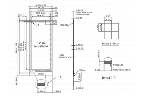 2.9 inch E-Paper display technical drawing and pin definition