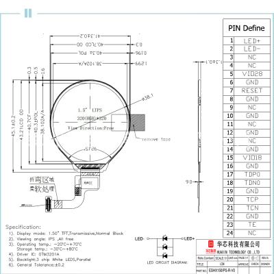 China Tela TFT Redonda de 1,5 polegadas, Resolução 320X320, Interface MIPI de 24 PINOS, CI de Driver OTM3201A, 350 cd/m² à venda