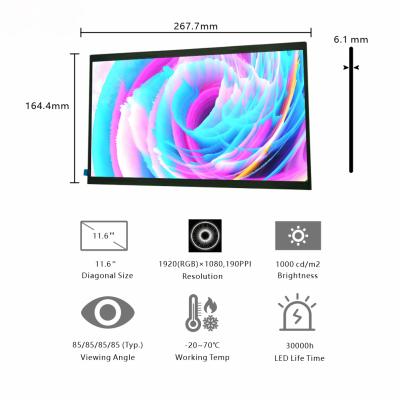 China 11.6-Inch Large FHD Industrial Display | 1920×1080 Resolution, EDP Interface, 1000cd/m² High Brightness for High-Light Workshops & Precision Equipment Monitors for sale