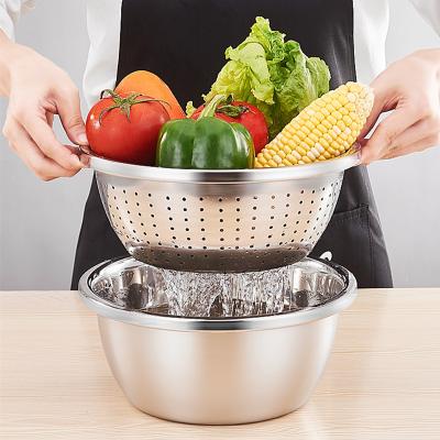 China Customized Logo Versatile Kitchen Strainer 304 Stainless Steel Microporous Colander Rice Washing Bowl Set 550g for sale