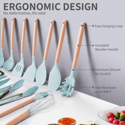 China Wooden Handle 19-Piece Silicone Kitchen Utensil Set with Cutting Board Storage Bucket for sale
