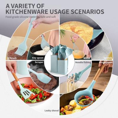 China Wooden Handle 19-Piece Silicone Kitchen Utensil Set with Cutting Board Storage Bucket for sale