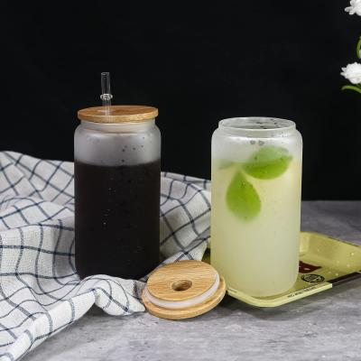 China 12oz/16oz/25oz Glass Milk Mug Sublimation Beer Can Shaped Cup with Bamboo Lid and Straw for sale