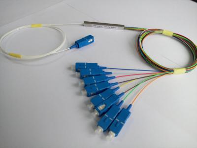 China 1x8 steel pipe PLC splitter with 0.9mm cable, China PLC splitter factory for sale