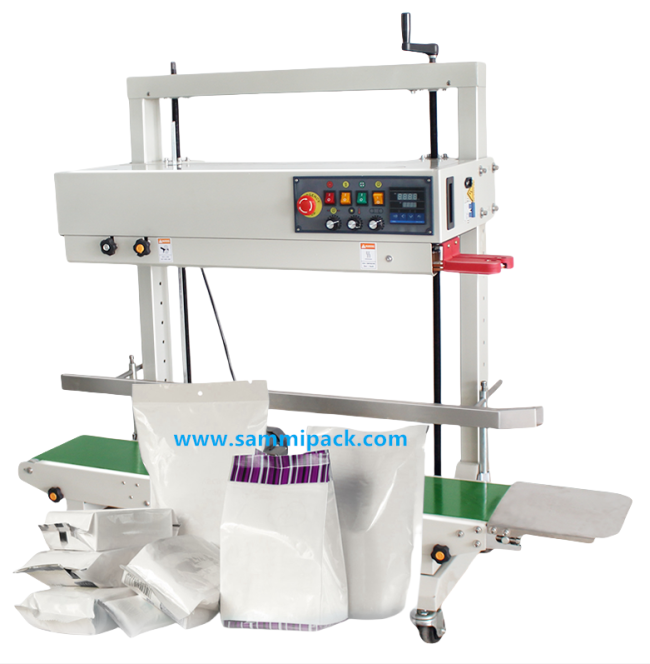 FR-1100V Electric Vertical Continuous Band Sealing Machine for Food/Beverage Plastic Bags Foil Film Pouch Packaging Machine