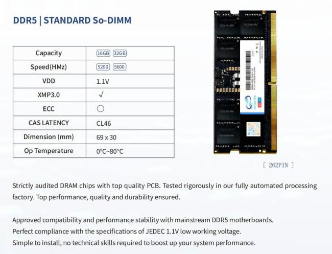 DDR5 262pin 32GB 5600MHz So-DIMM PC-44800 1.1V Non Ecc Gen 5 Memory Consumer Garde Memory Module Speed Booster Overclocking Memory Speed up to 5000MHz