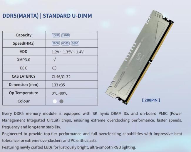 Shenzhen Consumer Electronics DDR5 Manta Standard U-DIMM 32GB (2*16GB) 6400MHz Udimm PC-51200 1.25V Non Ecc Gen 4 Memory Consumer Garde Memory Kits
