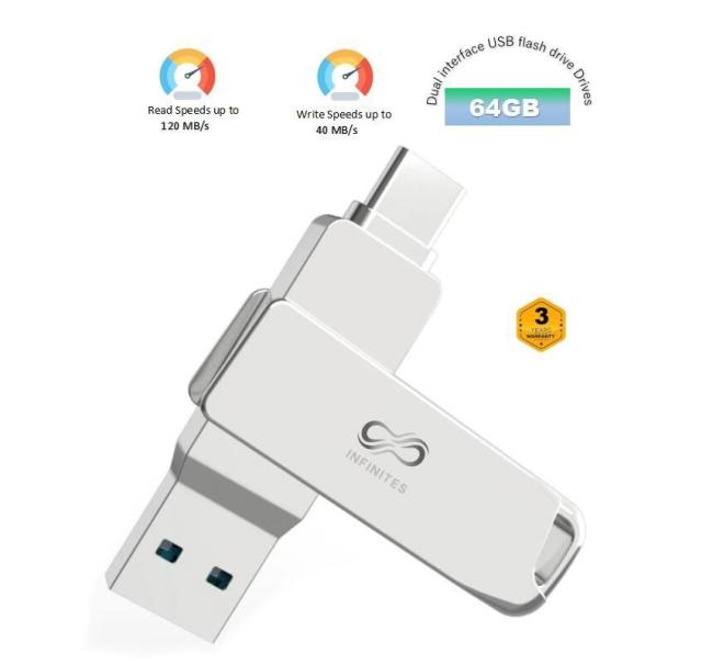 Infinites OEM Dual Interface USB Drive USB C+USB3.2 Equipped with USB C/Type-C Interface and USB a/USB 3.2 High-Speed Interfac 256GB