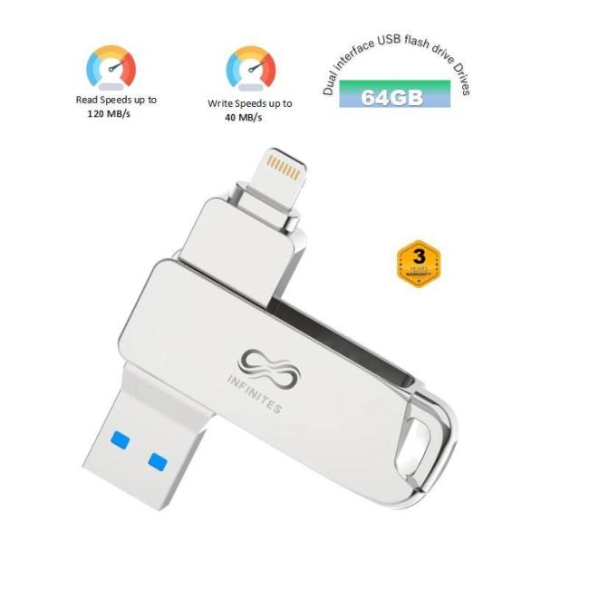 Infinites 128GB USB OTG Flash Drive for Apple Dual Interface USB Flash Drive Read Speed of up to 120 MB/S and a Write Speed of 40 MB/S