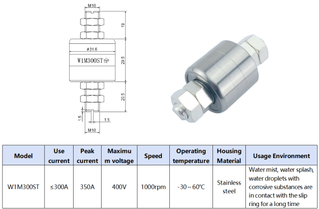W1M300ST high current slip ring dimensional drawing showing exact measurements