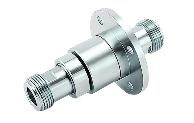 High frequency slip ring showing coaxial connectors and rotational mechanism
