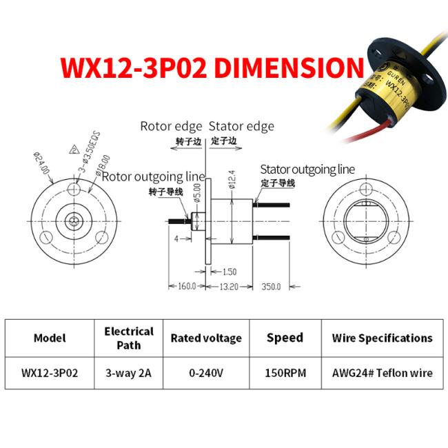 Technical drawing showing dimensions of OD 12.4mm 3-way conductive ring