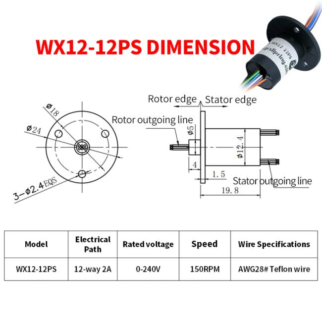 12-way 2A Flange Mini Slip Ring dimensions diagram