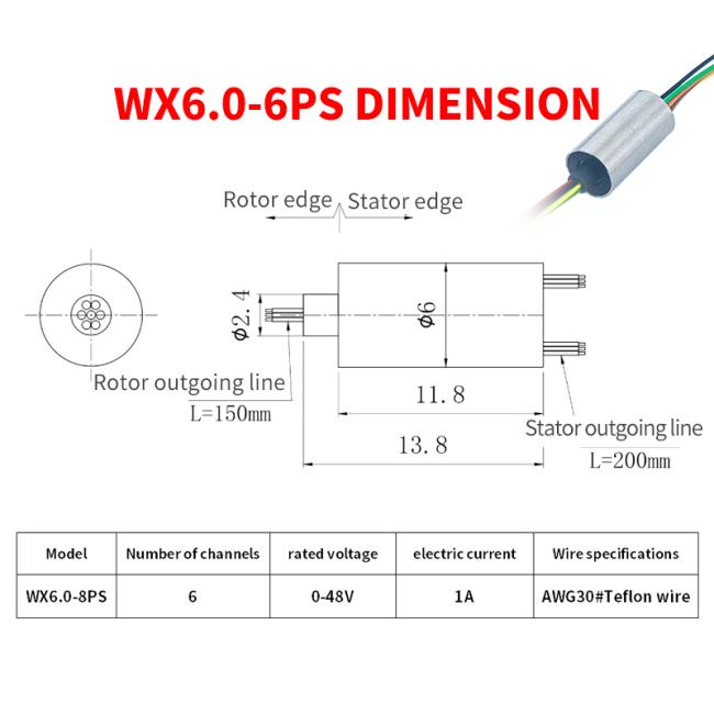 Detailed dimension drawing of WX6.0-6PS micro slip ring