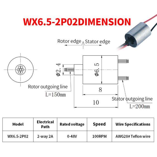 Technical drawing of WX6.5-2P02 micro capsule slip ring showing dimensions