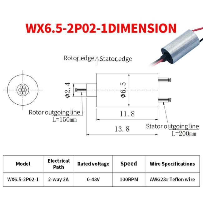 Detailed dimension drawing of WX6.5-2P02-1 micro collector ring showing all measurements