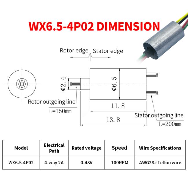 Technical drawing of 4-way micro conductive slip ring showing dimensions