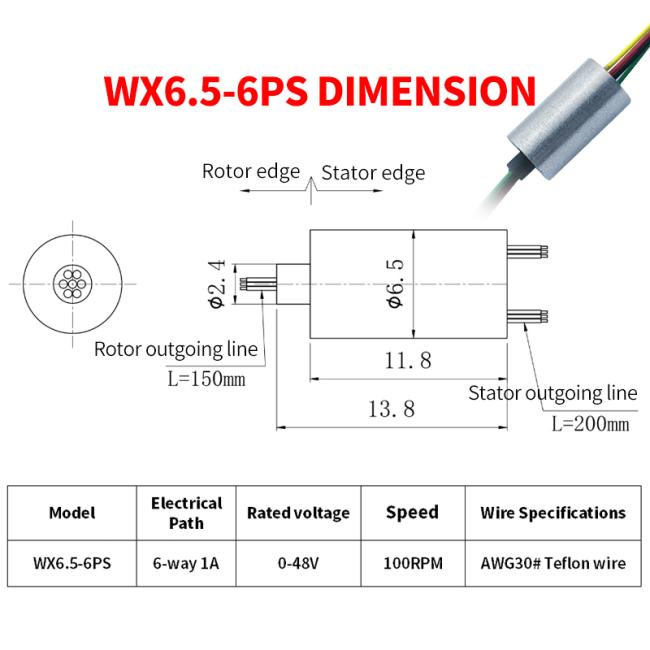 Technical drawing of 6.5mm micro capsule slip ring showing dimensions