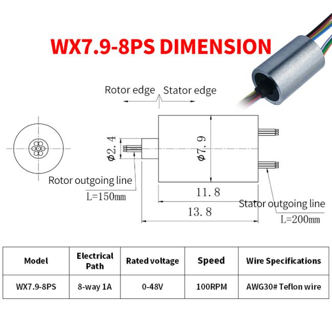 Detailed technical drawing of WX7.9-8PS capsule conductive slip ring showing dimensions