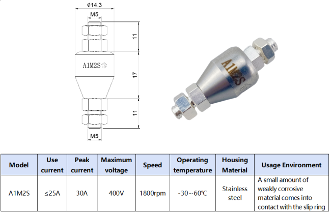 Technical drawing of A1M2S liquid conductive rotary joint showing dimensions and specifications