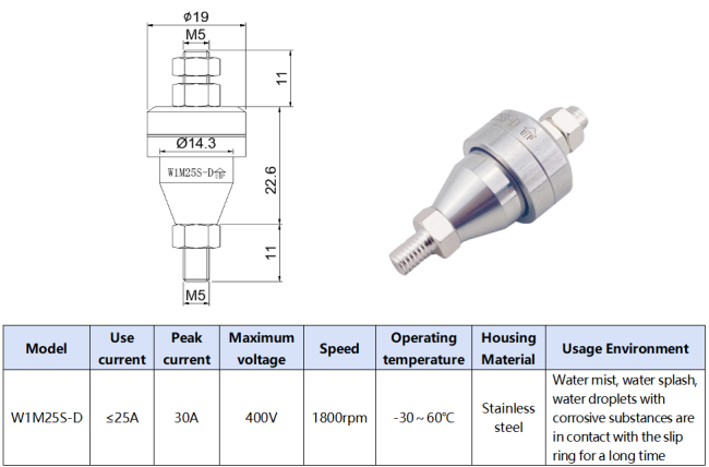 W1M25S-D electroplating slip ring dimensional drawing showing exact measurements