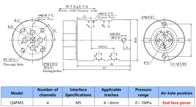 Q4PM5 gas slip ring technical drawing with detailed specifications