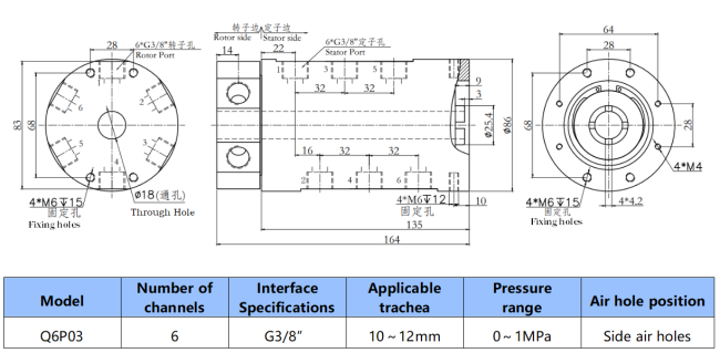 Q6P03 rotary gas joint dimensional diagram showing measurements and connection points