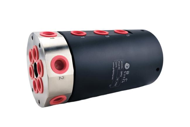 Front view of Q6P03 rotary gas joint showing aluminum housing and connection ports
